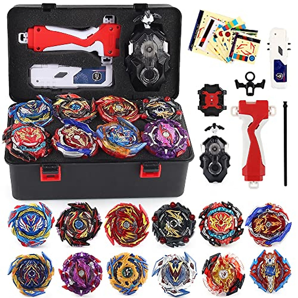 BeyBtatle Burst Gyro Toy Set 12 Spinning Tops 1x Launcher LR Left Right Spin DB Layer System and 1 Two-Way Transmitter Metal Fusion Attack Top Battling Game with Portable Box Gift for Ages 6+