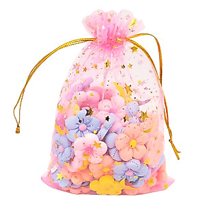 DIYOMR 120Pcs Dream Night Sky Star Moon Gold Organza Lovely Bags Jewelry Cosmetic Bags 4.3x6.3 Inch Drawstring Mesh Favor Pouches Giftwrap Bags for Wedding Party Gift Packaging (Pink)
