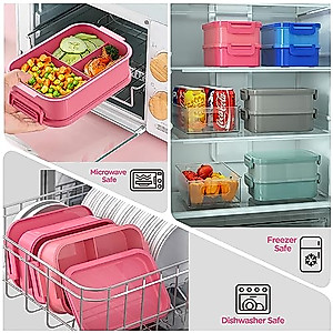 DaCool Adults Bento Box Lunch Box - Stackable All-in-One Leakproof Bento Lunch Box for Adults Women Girls 74 OZ Large Lunch Containers with Fork Spoon Sauce Boxes for Work School Dining Out, Pink