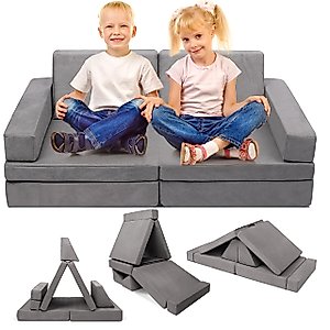 Xilingol Kids Play Couch, 8Pcs Convertible Sofa for Creativity & Imagination，Child Sectional Sofa, Foam Kids Modular Couch, 50”x28.5"x19", Grey