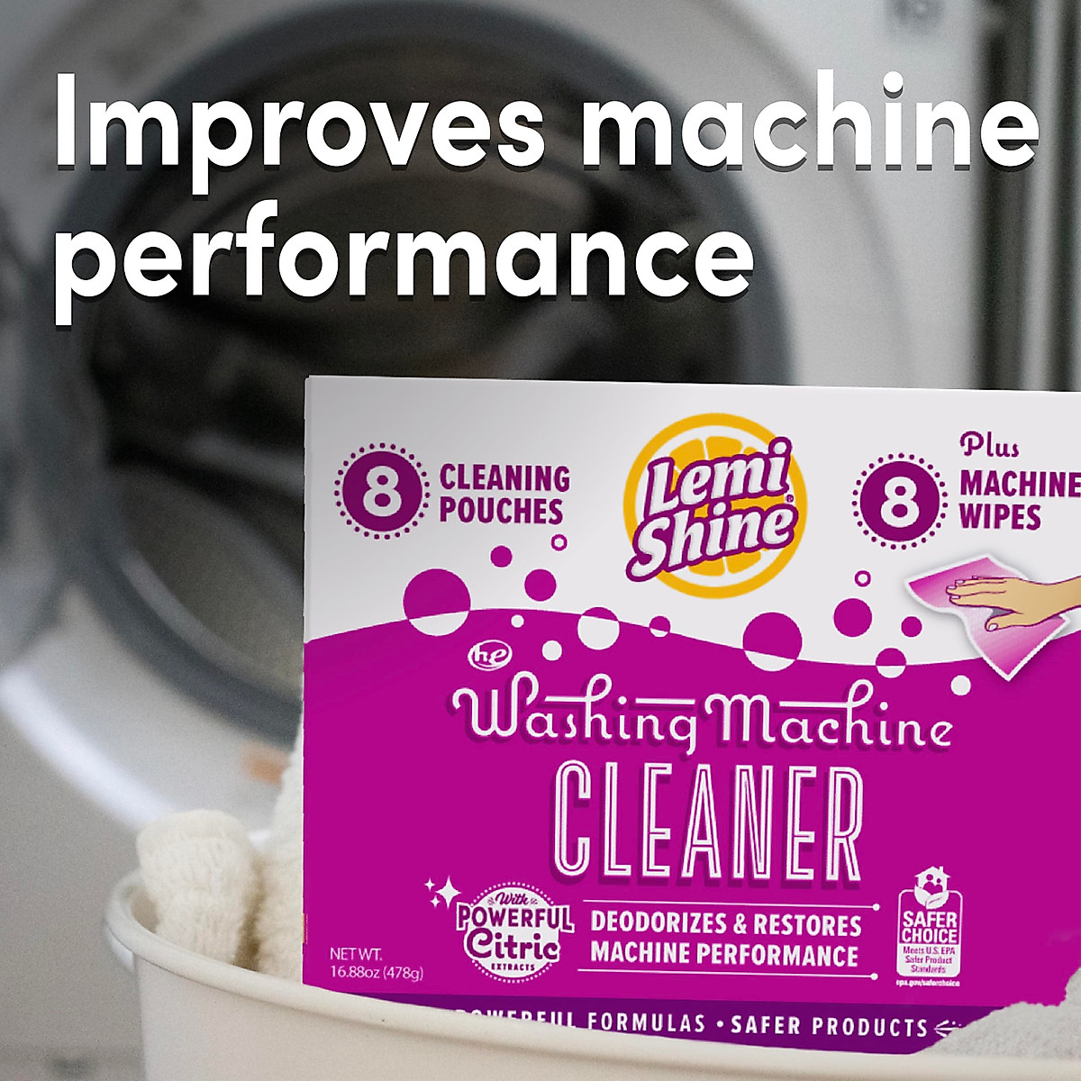 Lemi Shine Washing Machine Cleaner | Powered By Citric Acid | 100% Guaranteed Hard Water Cleaner | Compatible with Front & Top Load Washing Machines, 8 Count