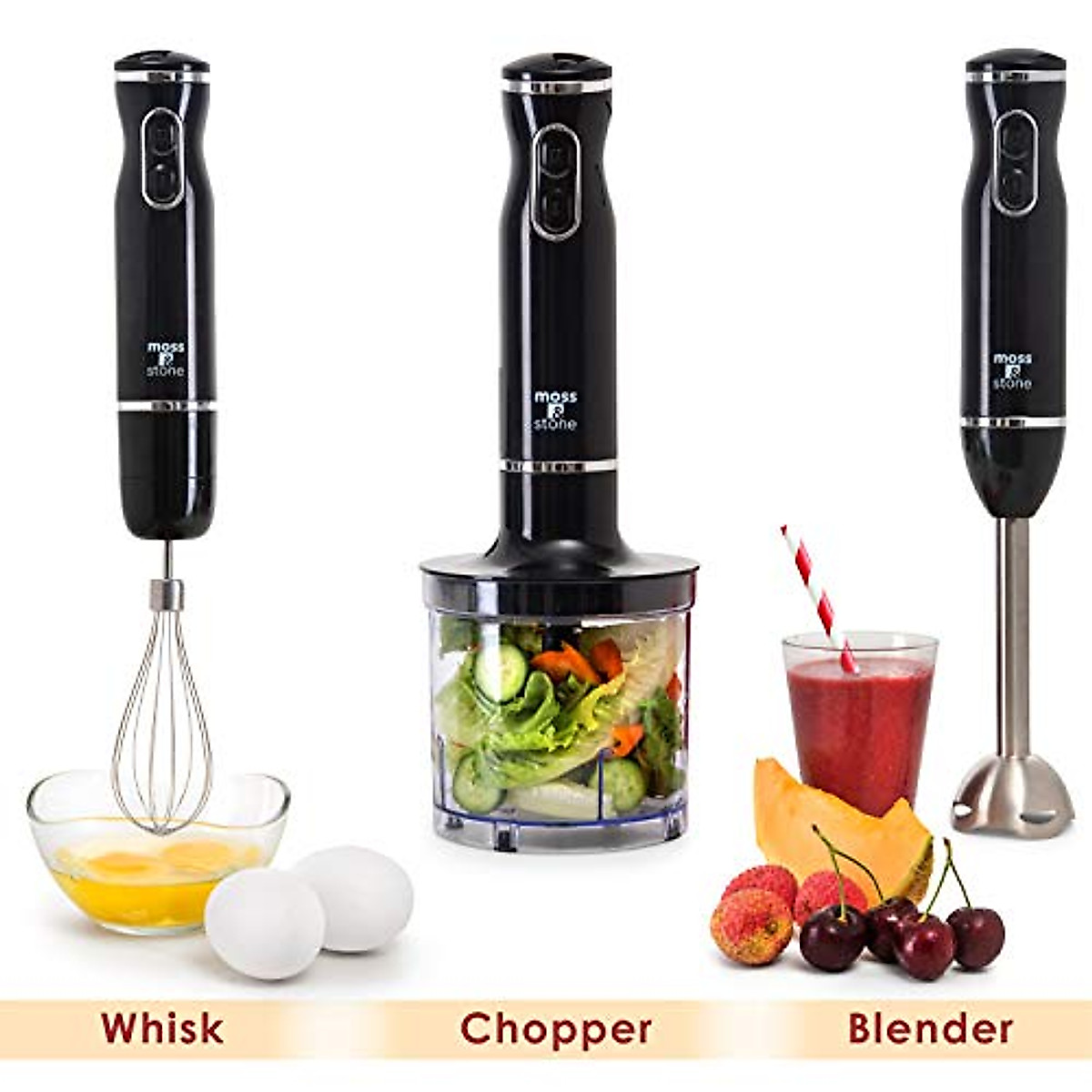 Moss & Stone Hand Blender Electric - With Egg Whisk & Chopper, Powerful 300- Watt - Immersion Hand Blender, Hand Mixer Set Stainless Steel Shaft & Blades, Handheld Blender With Ergonomic Handle (Black)