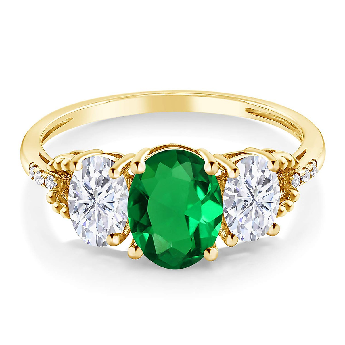 Gem Stone King 10K Yellow Gold Moissanite and Green Simulated Emerald Women 3-Stone Diamond Ring (1.79 Cttw) (Size 8)