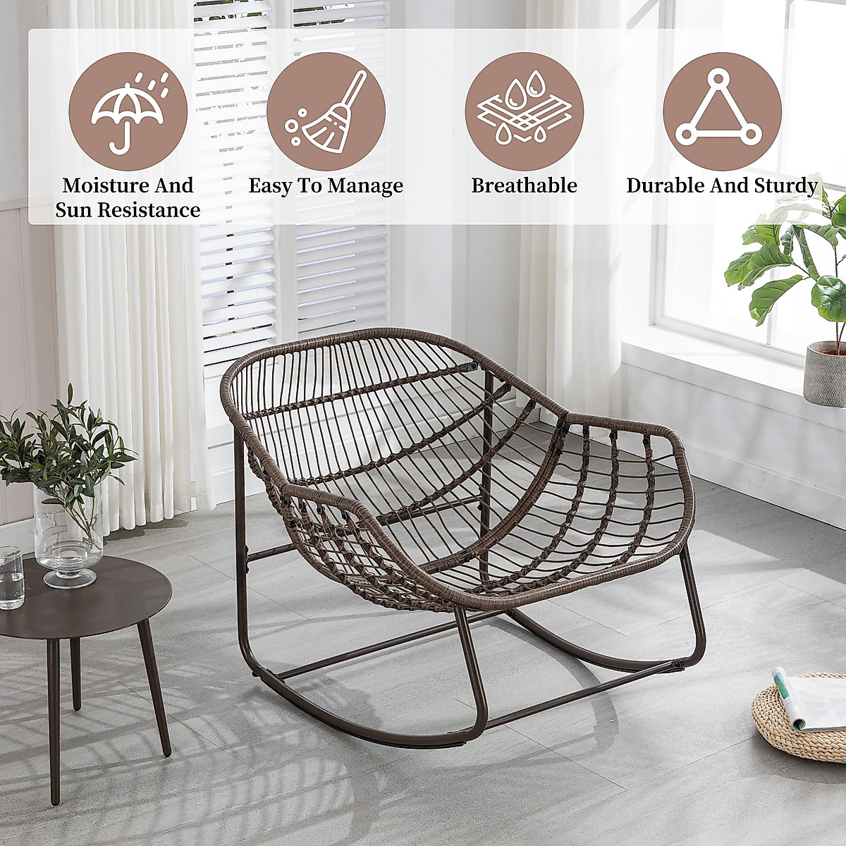 MOONMISS Rocking Chair, Oversized Patio Rocker Recliner Chair with Padded Cushion for Indoor and Outdoor, Patio Rattan Egg Rocking Chair for Front Porch, Garden,Backyard, Balcony (2, Olive)