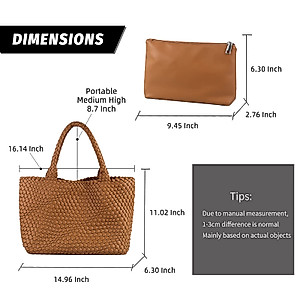 Brown Vegan Leather Woven Tote Bag for Women - Large Beach Bag with Small Purse, Handmade Top-handle Travel Handbag