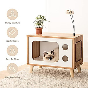 Cat House Wooden Cat Condo Cat Bed Indoor TV-Shaped Sturdy Large Luxury Cat Shelter Furniture with Cushion Cat Scratcher Bell Ball Toys