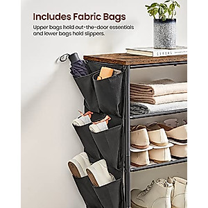 VASAGLE 5 Tier Extra Long Shoe Rack, 39.4 Inches Shoe Organizer with 8 Side Pockets, Shoe Shelf for Closet Entryway, with 4 Fabric Shelves, Steel Frame, Industrial, Rustic Brown and Black ULBS039B01