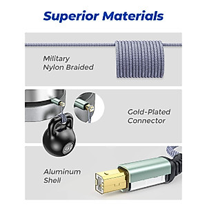 AINOPE Printer Cable USB A to USB B Printer Cable High-Speed Nylon Braided USB 2.0 MIDI Cable for HP Canon Brother Dell Epson Lexmark DAC, 10ft/Grey