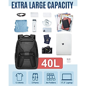LIGHT FLIGHT Travel Backpack, Laptop Backpack for Men, School College Bookbag, 17.3 Inch Computer Backpack Business Back Pack, Work Bag with USB Charging Hole, 40L Large Casual Daypack, Black grey