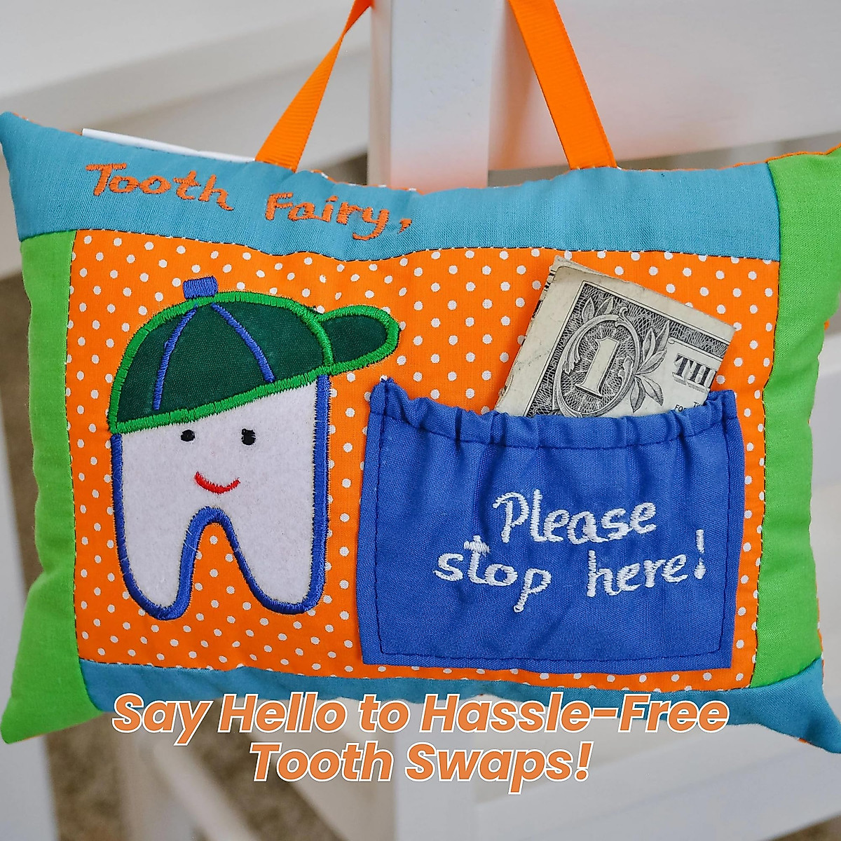 My Growing Season Blue Tooth Fairy Pillow Soft Blue Embroidered Pillow with Pocket for Boys | Felt Fabric Cloth Keepsake Tooth Holder