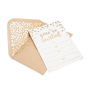 50 Pack Invitation Card - Elegant Greeting Cards ‘’You Are Invited’’ In Gold Foil Letters – For Wedding, Bridal Shower, Baby Shower, Birthday Invitations - 52 Kraft Envelopes Included - 4" x 6"