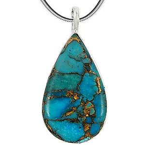Turquoise Pendant Necklace in Sterling Silver 925 & Genuine Copper-Infused Matrix Turquoise (Select Style) (Modern Teardrop)