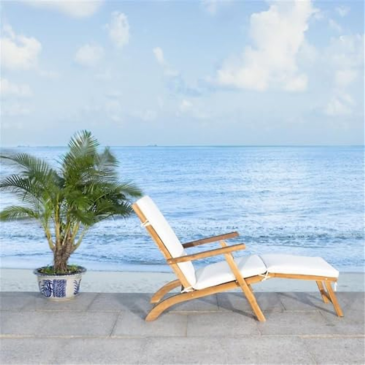 SAFAVIEH Outdoor Collection Palmdale Natural Brown Solid Wood/Beige Cushion Chaise Lounge Chair (PAT7015C)