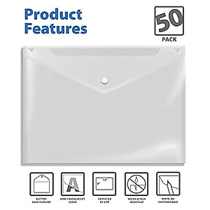 Clear Reusable Plastic Envelopes with Snap Closure, Plastic Document Holders, 13" x 9" XL Size for Letter Paper, 50 Pack, by Better Office Products, Poly File Envelopes, Clear, 50 Pack