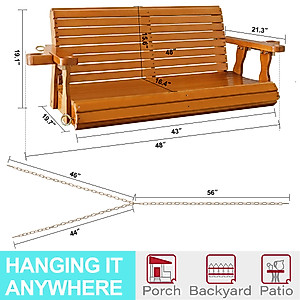 4FT Wooden Porch Swing w/Cupholders,Heavy Duty 800LBS Outdoor Swing Bench w/Chains,Patio Roll Back Swing Chair Bench,Front Porch 2-Person Hanging Bench,for Garden Courtyard Lawn & Balcony Backyard