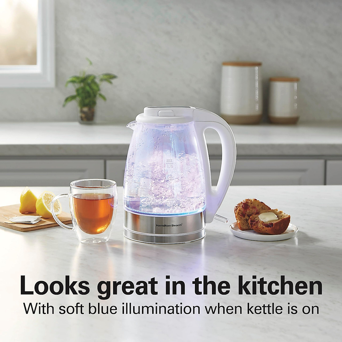 Hamilton Beach 1.7L Electric Tea Kettle, Water Boiler & Heater, LED Indicator, Built-In Mesh Filter, Auto-Shutoff & Boil-Dry Protection, Cordless Serving, Iridescent Clear Glass (41055)
