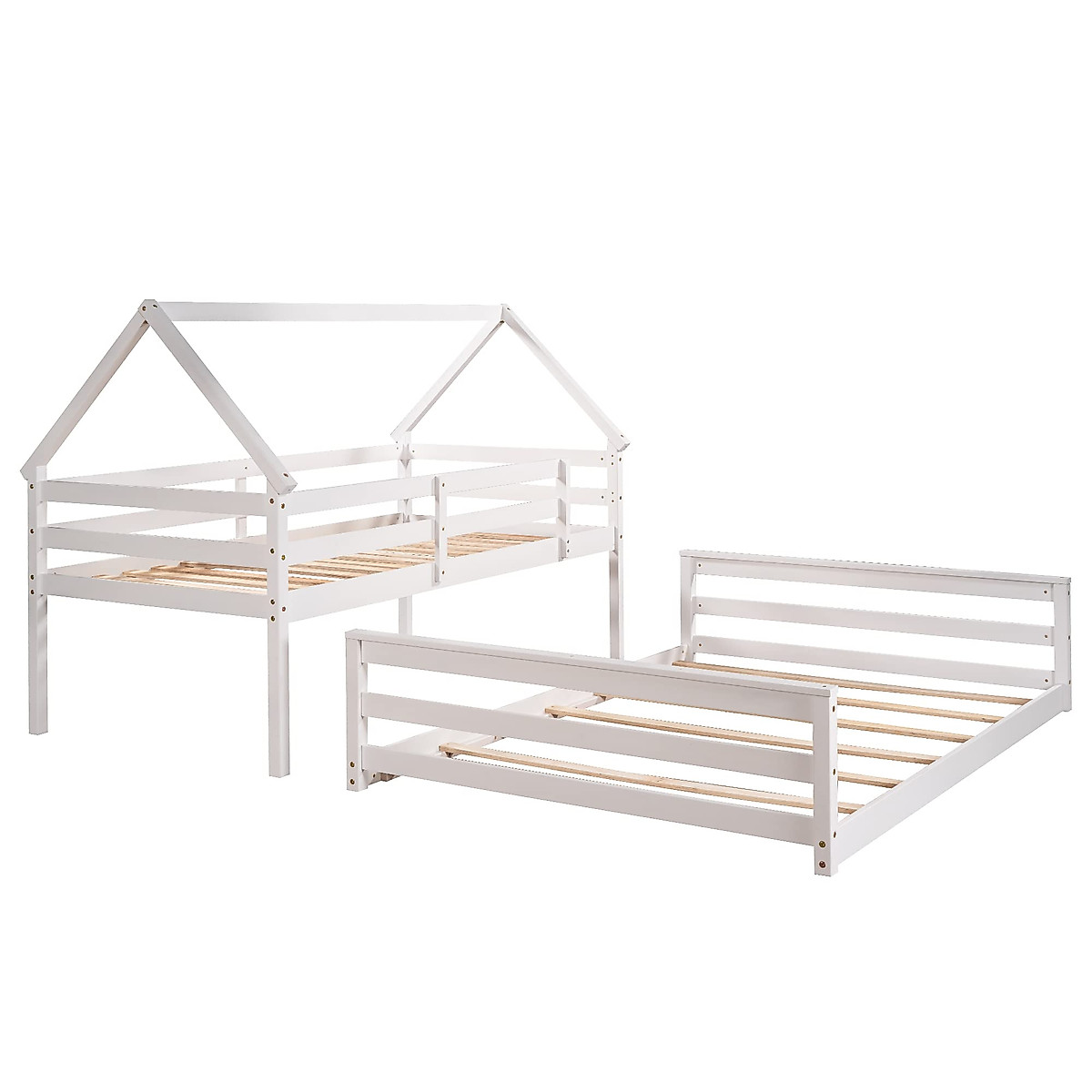Harper & Bright Designs Low Twin Over Full House Bunk Beds, Wood Bunk Beds with Roof and Guard Rail, House Bed Built-in Ladder for Kids, Teens, Boys, Girls (White)