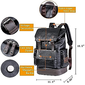 CHAO RAN Vintage Leather Laptop Backpack For Men, Men Black Leather Backpack Work Business Travel Waterproof Bags College Backpack Fit 17 Inch Laptop Black