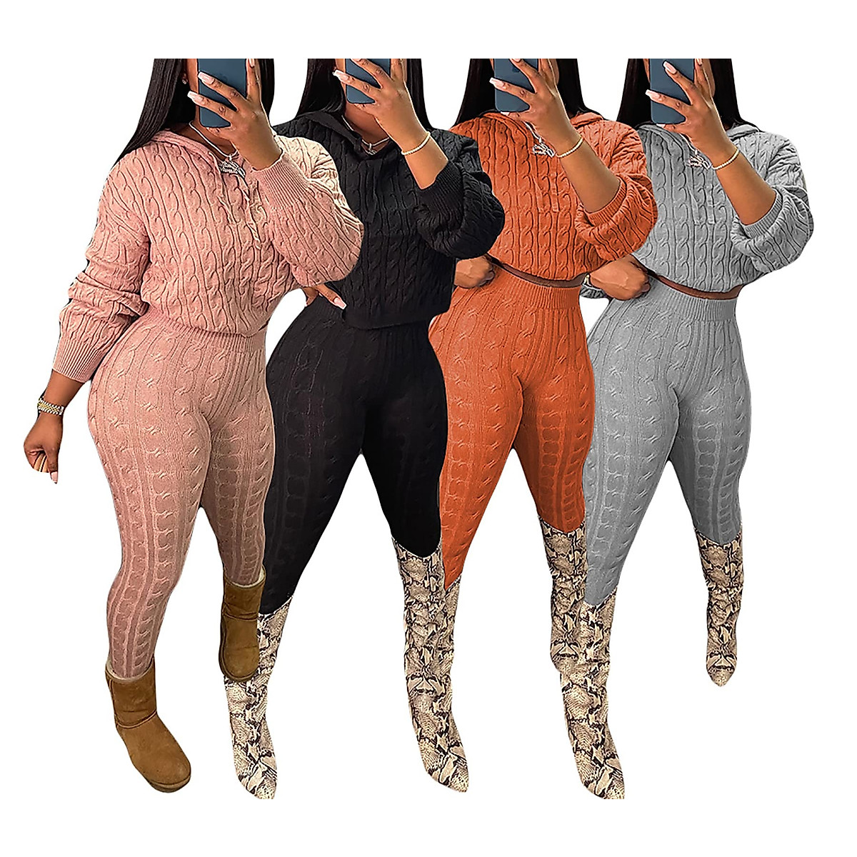 NRTHYE Hooded Sweater Two Piece Set Autumn Winter Women Solid Long Sleeve Crop Top And Pants Rib Knitted Suits Tracksuit