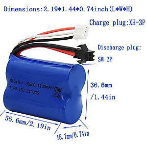 Blomiky 2 Pack 7.4V 1100mAh 8.51Wh Li-ion Rechargeable Battery with SM-2P Plug and 2 Charger Cable fit for H101 H103 RC Boat RC Car Vehicles Toy Force Battery 2