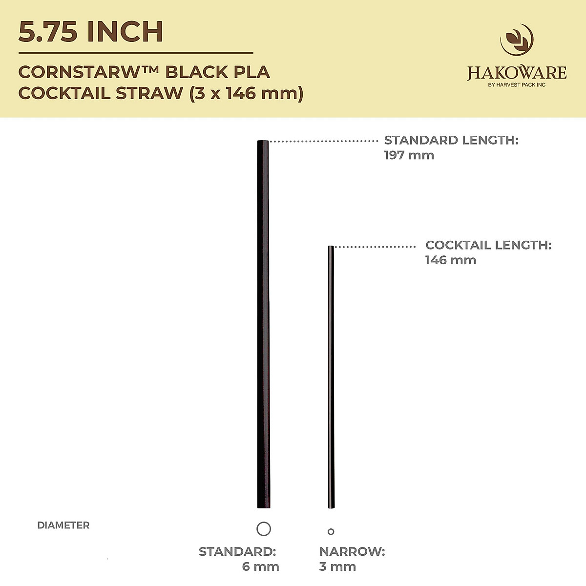 [500 COUNT] CORNSTRAW 5" Black PLA Cornstarch Plasticless Disposable Drink Stirrer Cocktail Straw