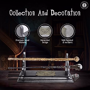 HOTCAN Wooden Magic Wand Holder and Display Stand - Mystical Fusion of Beech Wood and Metal - Owl Emblem Accent