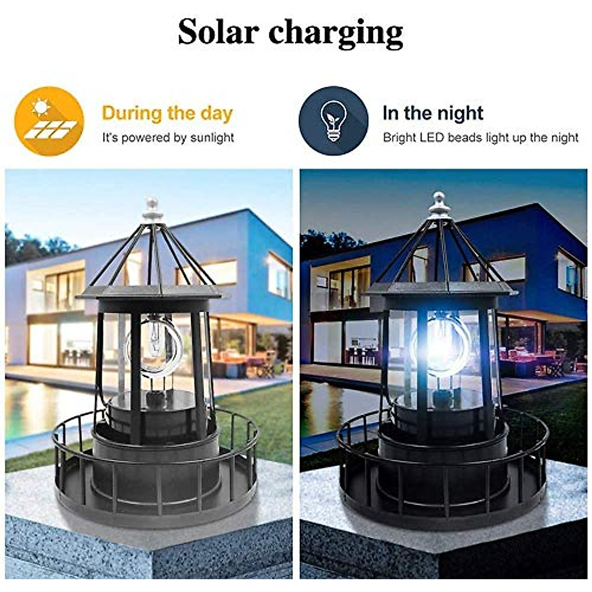 Marsrut LED Solar Light Powered Rotating Lighthouse Beacon Lamp, Outdoor Courtyard Waterproof Solar Hanging Lamp, Lawn Lantern, for Patio Fence Garden Decoration Outdoor Lighting Home Decor (Black)
