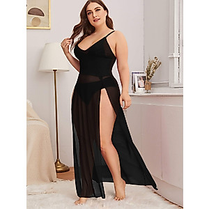 SOLY HUX Women's Plus Size Split Long Mesh Lingerie Dress Babydoll Chemise Black 2XL