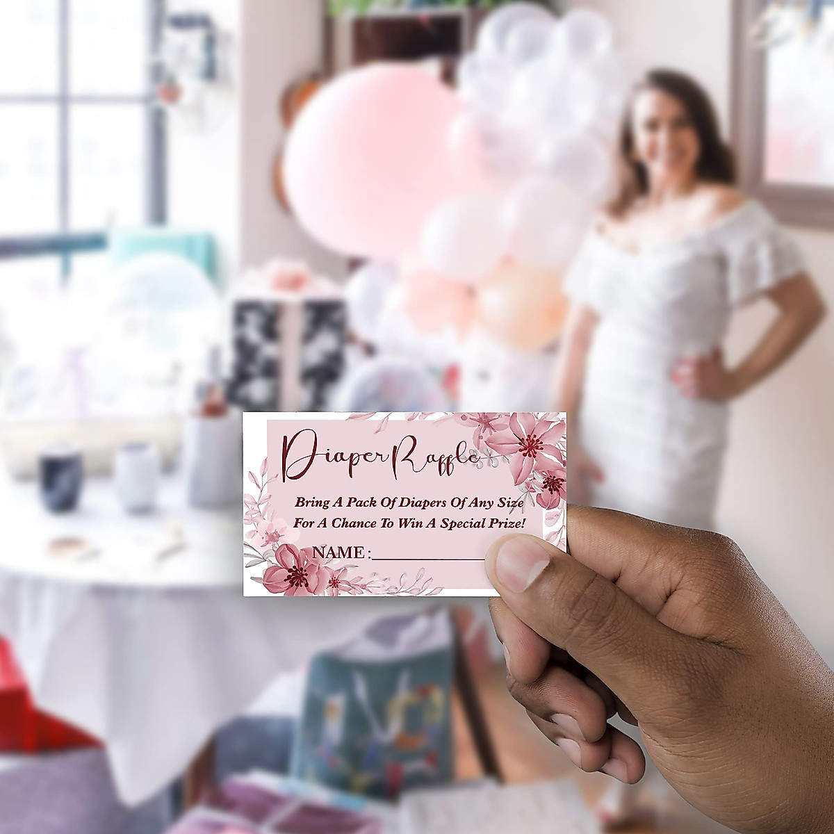 Diaper Raffle Sign,Diaper Raffle Baby Shower Game Kit (1 Standing Sign + 50 Guessing Cards),Pink Floral Insert Ticket,Baby Showers Decorations,Card for Baby Shower Game to Bring a Pack of Diapers-XN19