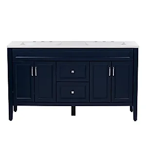 Spring Mill Cabinets D60V40277 Vadin Double-Sink Bathroom Vanity with 2 Drawers, 2 Cabinets, and White Countertop, Blue