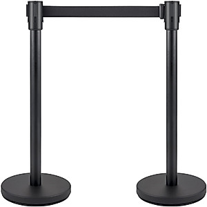 VEVOR Crowd Control Stanchion, Set of 4 Pieces Stanchion Set, Stanchion Set with 6.6 ft/2 m Black Retractable Belt, Black Crowd Control Barrier w/Concrete and Metal Base - Easy Connect Assembly