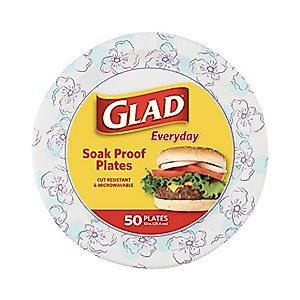 Glad Round Disposable Paper Plates 10 in, Blue Flower|Soak Proof, Cut Proof, Microwave Safe Heavy Duty Paper Plates For Parties|50 Count Bulk Paper Plates 10 Inch