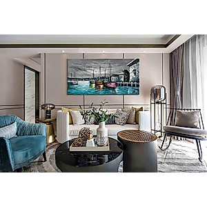 zoinart Hand Painted Large Canvas Wall Art 48x24 Inches Abstract Wall Paintings Contemporary Texture Wall Art Wharf Landscape Artwork Living Room Bedroom Wall Decor Ready to Hang