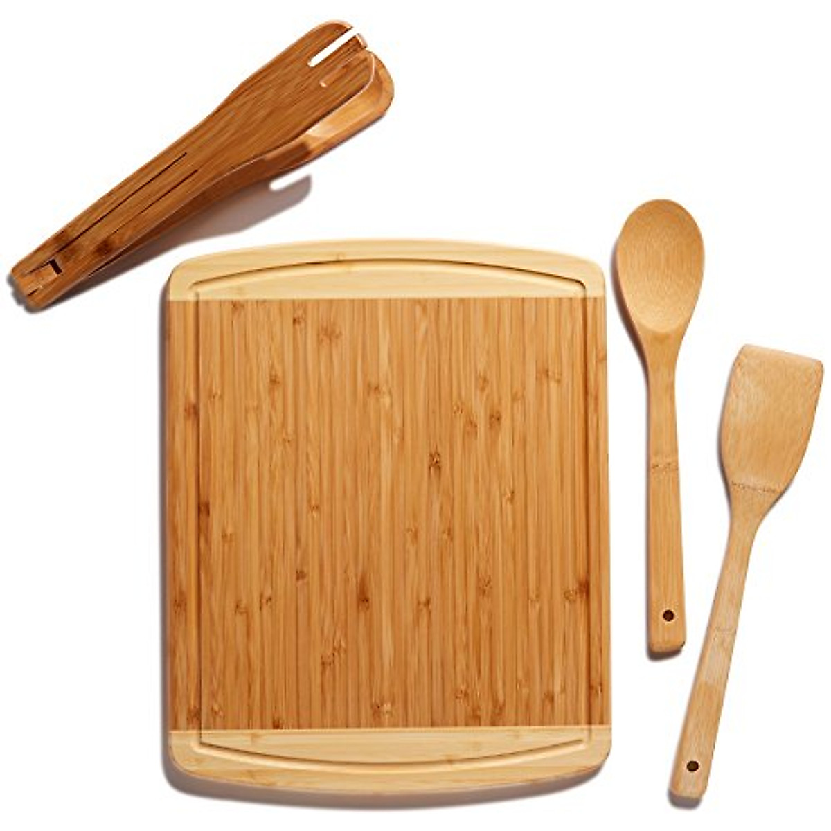 Bamboo Cutting Board Housewarming Gift Set - With Bonus 3-Piece Cooking Utensils - Wooden Spoon, Salad Tongs and Wood Spatula - Mother's Day, Wedding & Kitchen Gadgets Gift Idea