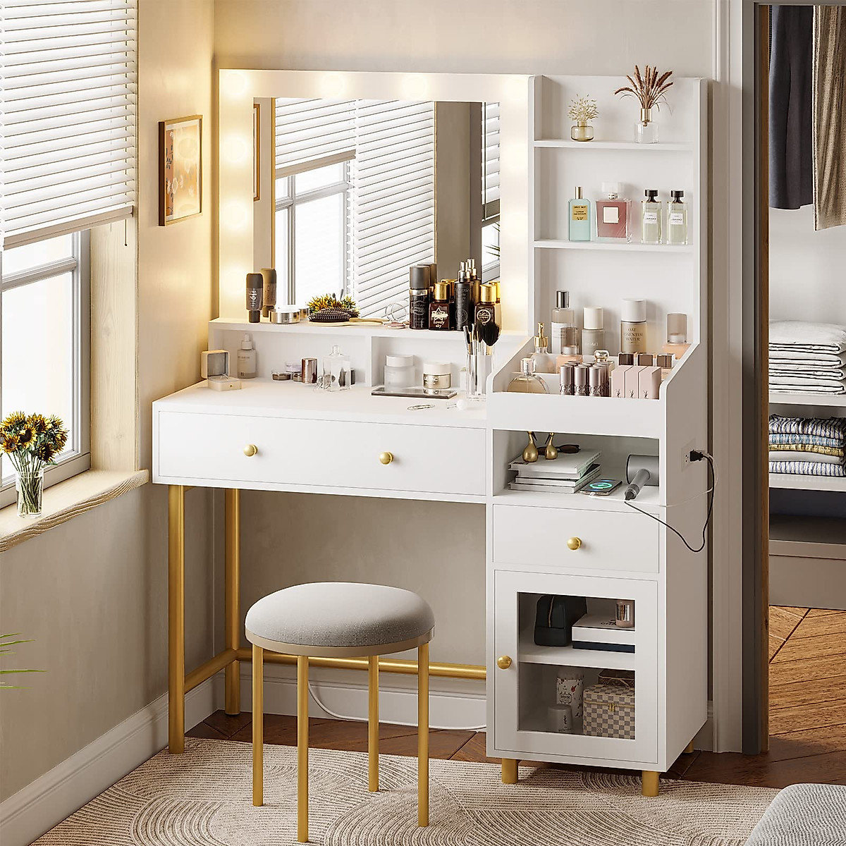 VIAGDO White Vanity Desk with Mirror and Lights, Makeup Vanity with Charging Station & 3 Storage Compartments, Makeup Desk with Drawers and Open Storage Shelves, Bedroom Dressing Table