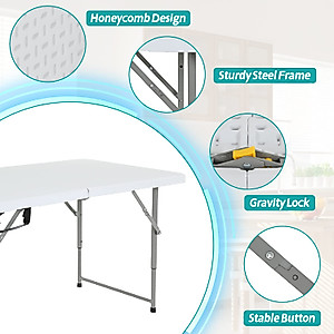 Dkeli Folding Table 4 Foot Portable Picnic Table Plastic Adjustable Height Heavy Duty for Indoor Outdoor Camping, Picnic and Party, Fold in Half with Handle and Steel Legs, White