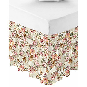 Classical Flowers Bed Skirt Queen Size 16 Inch Drop,Adjustable & Elastic Wrap Around Bed Skirts Pleated Luxury Dust Ruffles For Twin Full Queen Cal King Base Bed,Vintage Luxurious Florals Retro Leaves