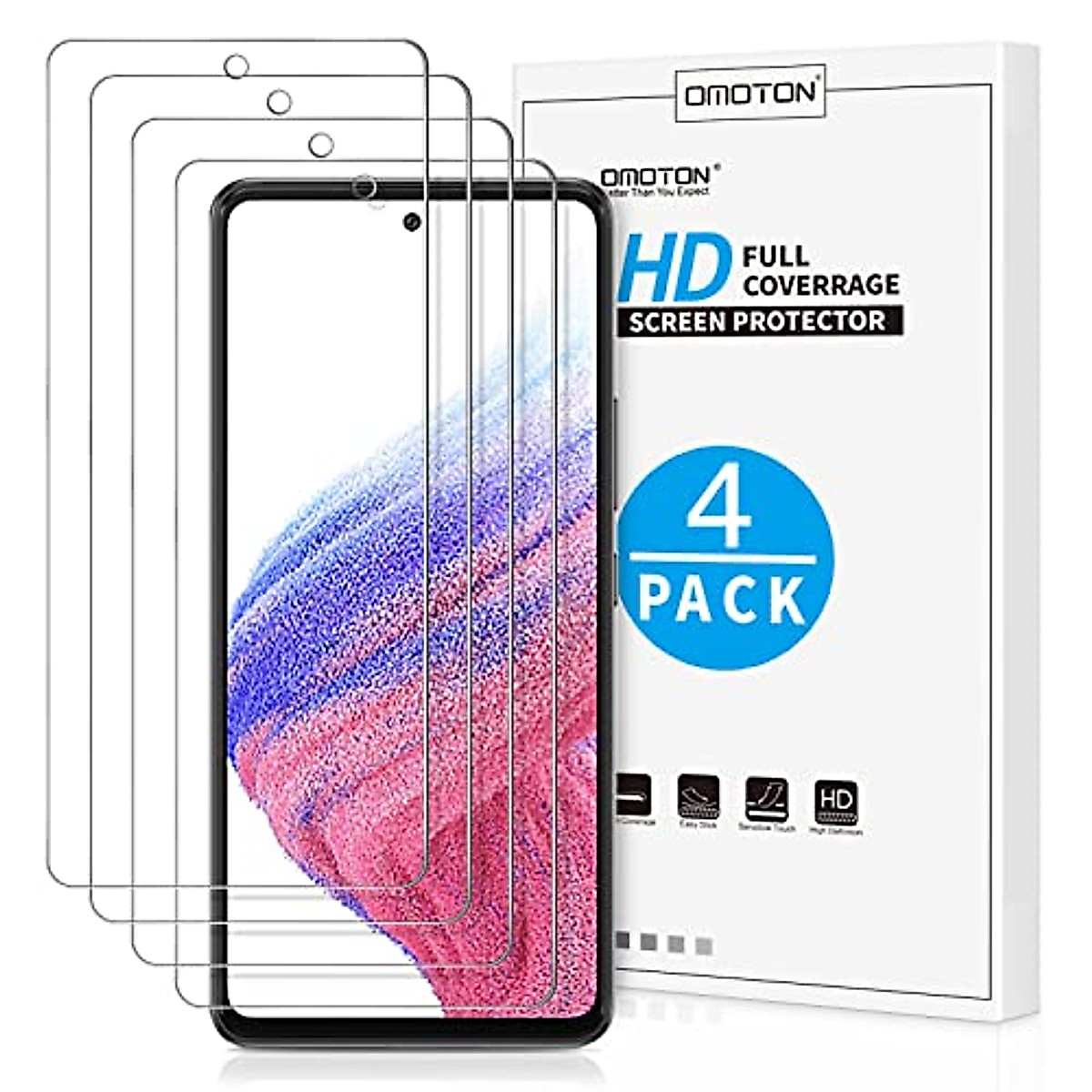 OMOTON [4 Pack] Screen Protector Compatible with Samsung Galaxy A53 5G - Easy Installation/Bubble Free/Tempered Glass for Galaxy A53/ A52 Series