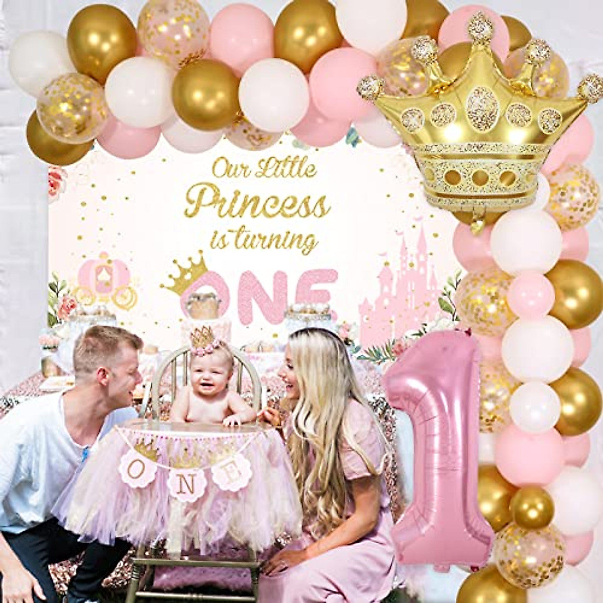 Little Princess 1st Birthday Decorations for Girls, Pink White and Gold Balloon Arch Kit, Pink 1 Balloon for First Birthday, Gold Crown Foil Balloon, Our Little Princess Is Turning One Backdrop