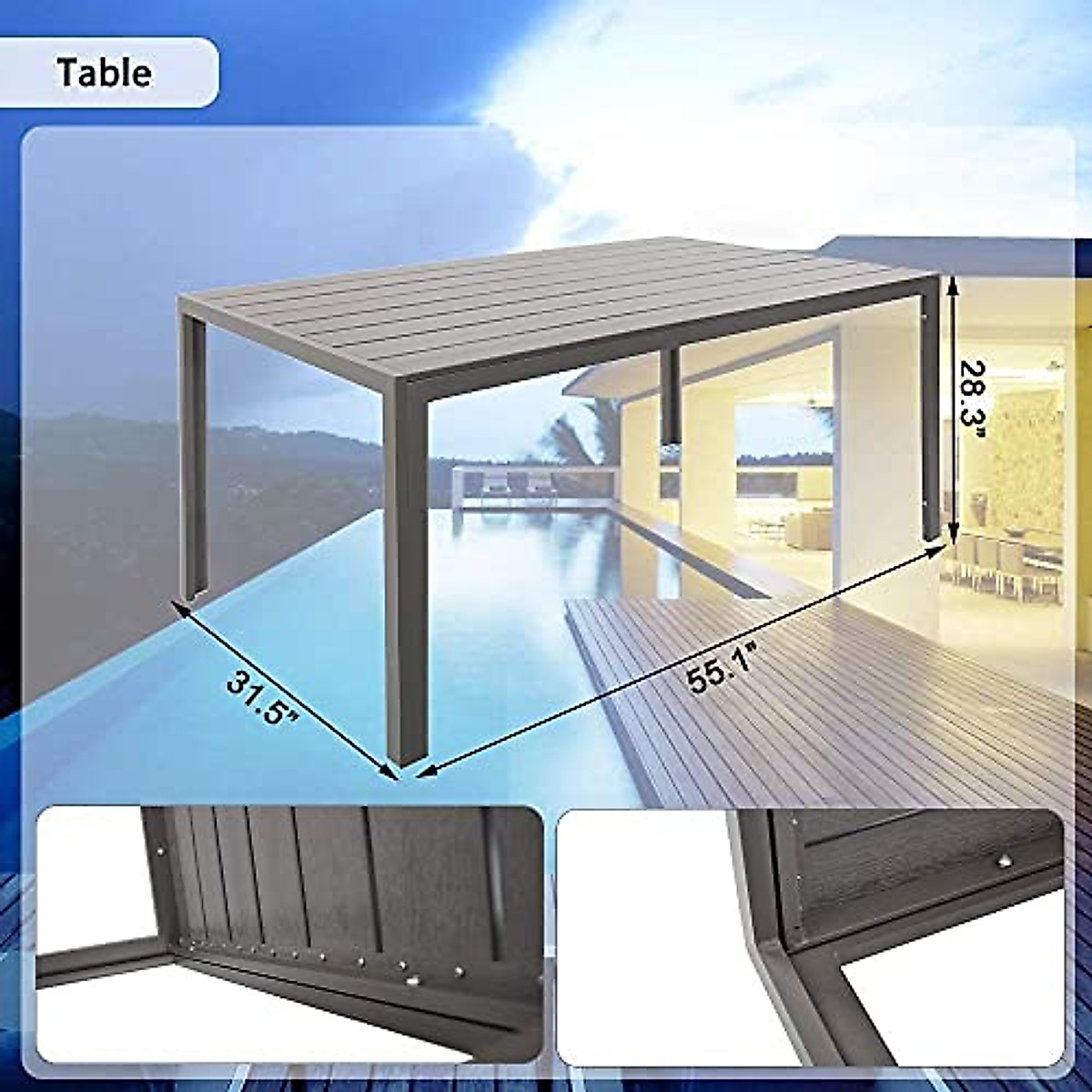 Dporticus Outdoor Patio 55" Rectangular Dining Table for 6 Metal Aluminum Frame with Grey Wood Look