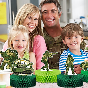 9 Pack Army Party Decorations Army Military Honeycomb Centerpieces Tank Camouflage Party Supplies Green Soldiers Table Topper Photo Props for Boy Girl Soldier Camouflage Baby Shower Party