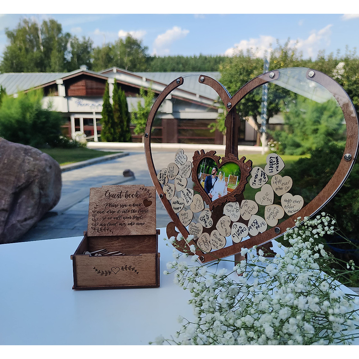 Wedding Guest Book Alternative, Drop Top Frame with Photo, Rustic Wedding, Guest Book Sign, Wooden Box with Hearts - 80 pcs, Shadow Box for Wedding, Baby Shower, Anniversary (Oak-Transparent)