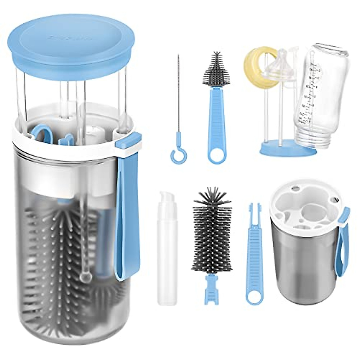 welltop Travel Bottle Cleaner Kit, Portable Baby Bottle Brush Set with Silicone Bottle Cleaning Brush, Built-in Bottle Drying Rack, Nipple Brush, Straw Brush, Bottle Soap Dispenser for Travel Home