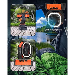 ADUST Camping Fan Battery Operated Powered Fan with LED Lantern Light 20000mAh Rechargeable Portable Fan, Oscillating Fan with 360° Rotation Hanging Hook for Tents, Cordless USB Desk Fan(Orange)