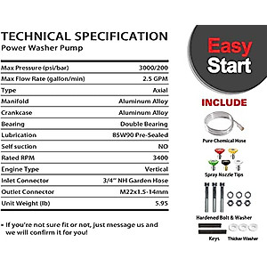 YAMATIC 7/8" Shaft Vertical Pressure Washer Pump 3000 PSI @ 2.5 GPM Replacement Pump for Power Washer, Replacement with Troybilt, Craftsman, Ryobi, Honda, Rear Facing Inlet/Outlet