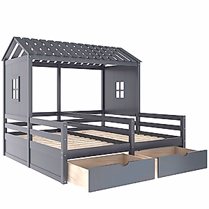 P PURLOVE Twin Double Shared Bed,Twin Size House Platform Beds with Two Drawers for Boy and Girl Shared Beds, Montessori House Bed Frame Combination of 2 Side by Side Twin Size Beds,Gray
