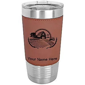 LaserGram 20oz Vacuum Insulated Tumbler Mug, Farm, Personalized Engraving Included (Faux Leather, Dark Brown)