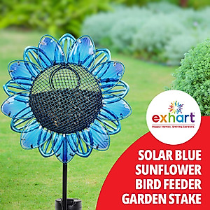 Exhart Garden Solar Lights, Sunflower Garden Stake with Mesh Bird Seed Feeder, 9 LEDs, Glass and Metal Outdoor Decoration, Blue, 11 x 3.5 x 36.5 Inch