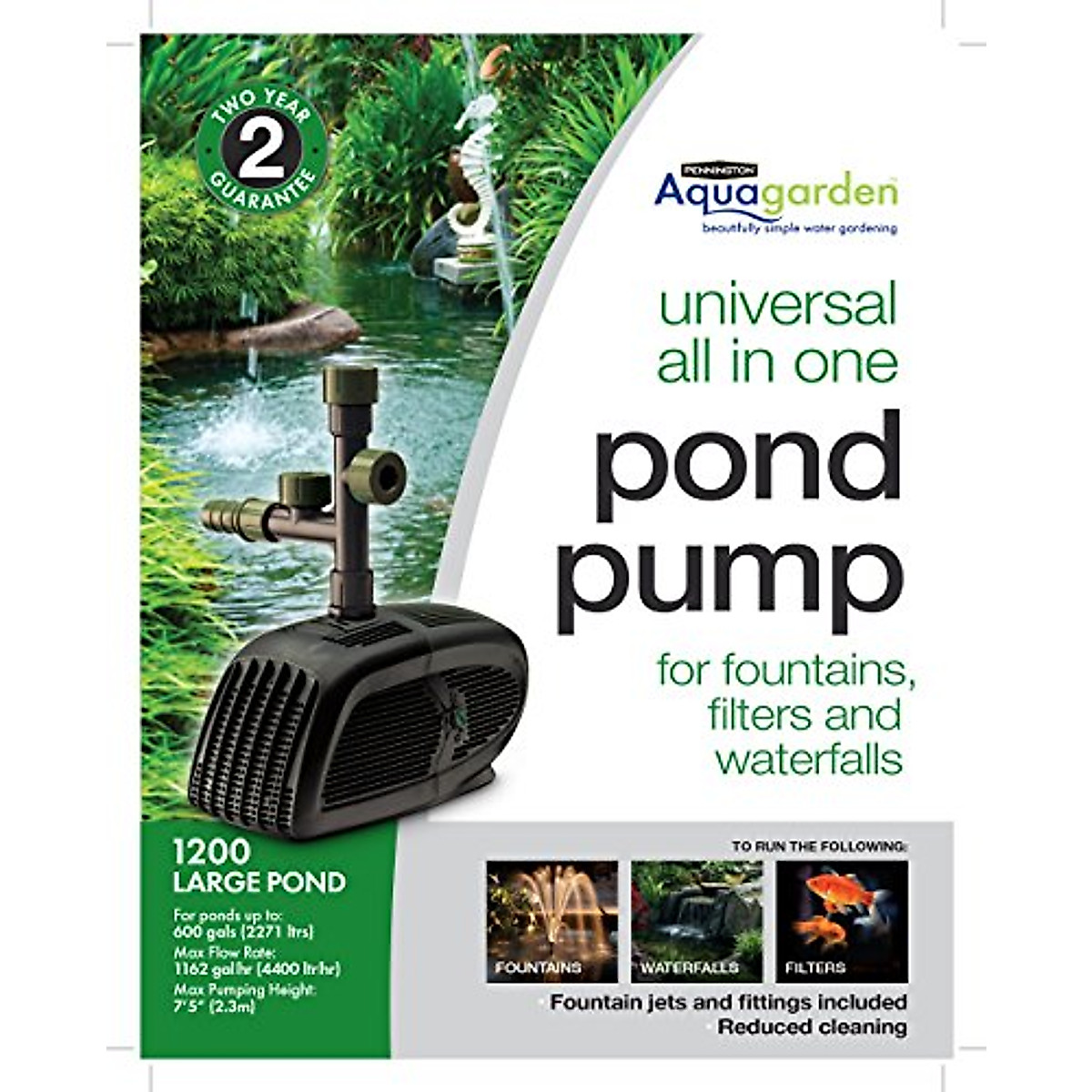 Pennington Aquagarden , Universal 1200 All in One Submersible Pond & Water Pump , Suitable for Fountains, Filters, Waterfalls, Hydroponics & Aquaponics , For Ponds up to 600 Gallons, 1200 - large pond