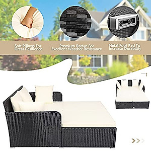 Salches Outdoor Rattan Daybed, Patio Loveseat Sofa Set w/Comfortable Cushions, Extra Pillows & Metal Foot, Sunbed Wicker Furniture for Yard/Poolside/Living Room/Garden/Porch (White)